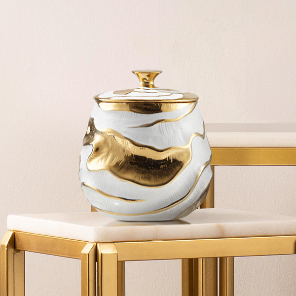 Rosdorf Park Saluda Handmade Ceramic Ginger Jar with Lid, White & Gold Textured Ripples Design ...